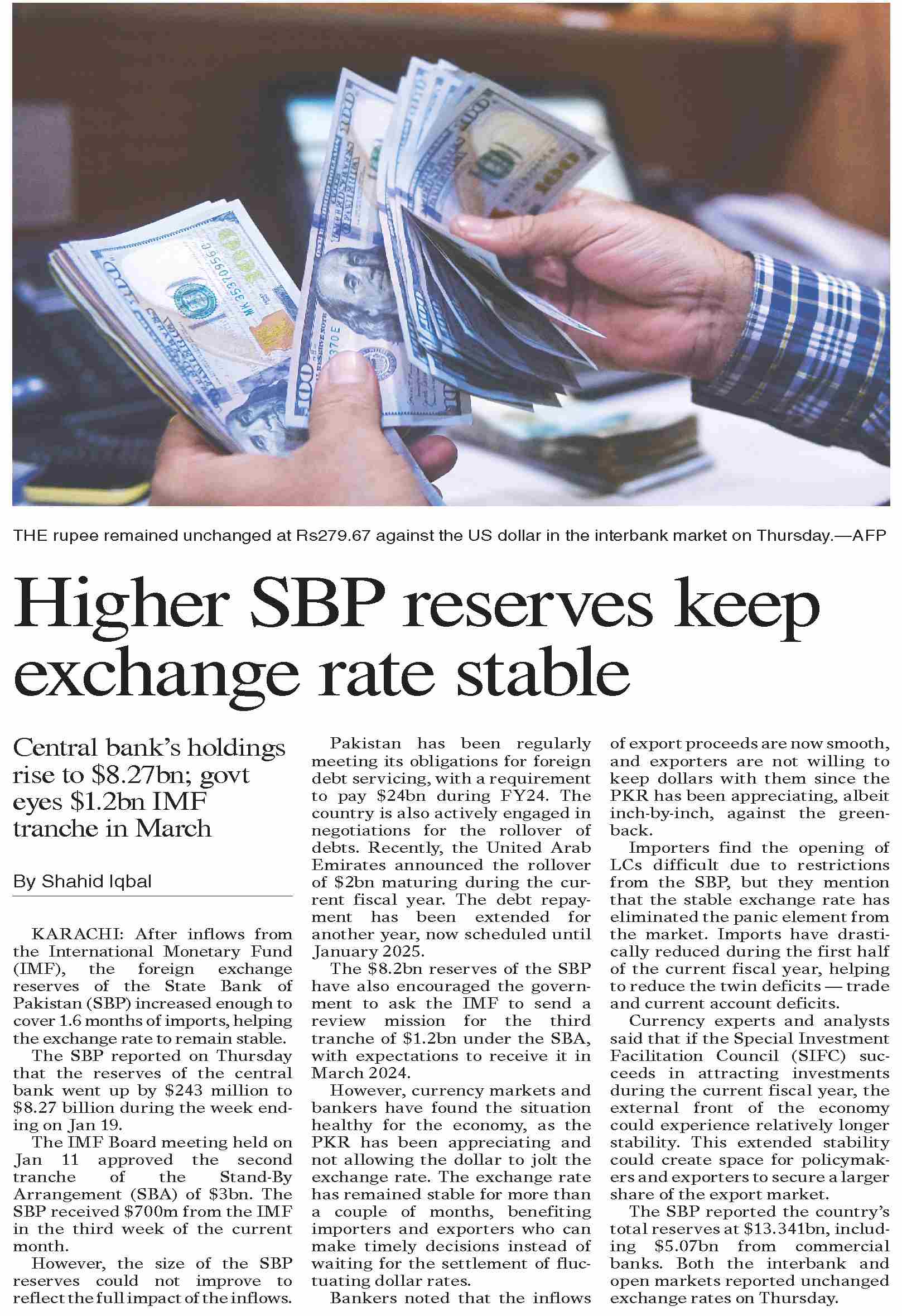 Dawn-ePaper | Jan 26, 2024 | Higher SBP reserves keep exchange rate stable