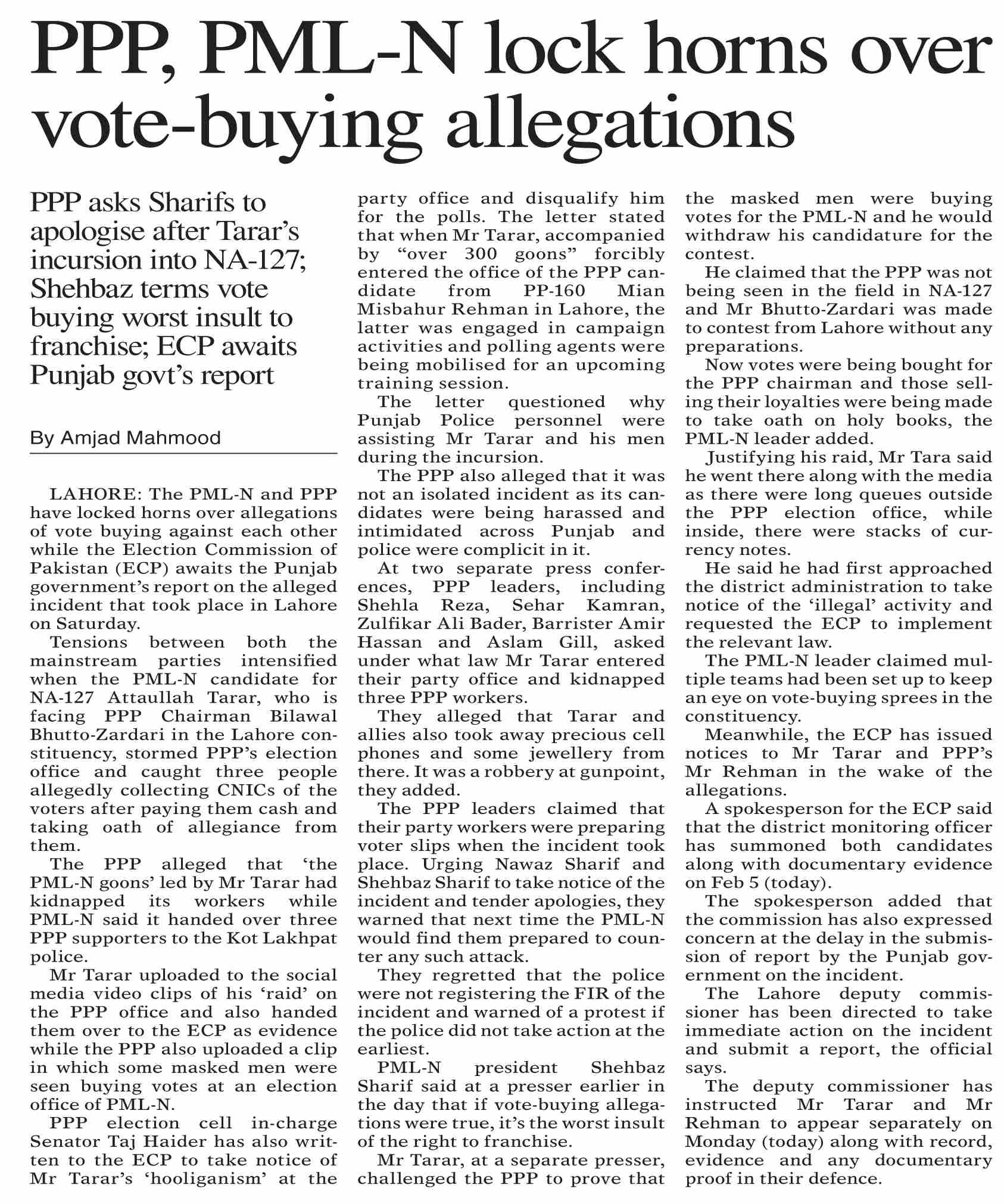 Dawn-ePaper | Feb 05, 2024 | PPP, PML-N lock horns over vote-buying ...