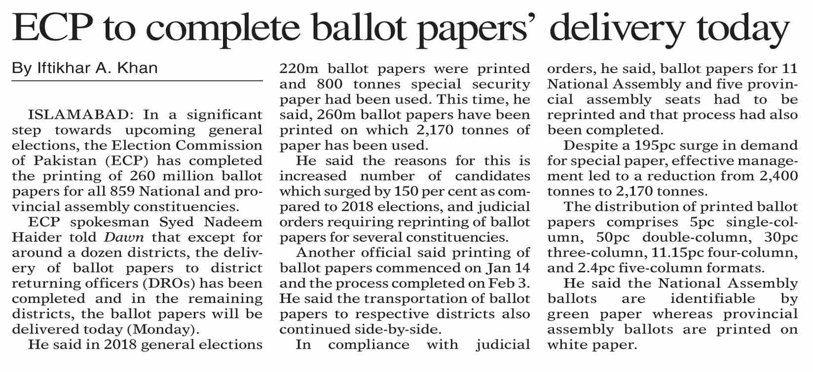 Dawn-ePaper | Feb 05, 2024 | ECP to complete ballot papers` delivery today