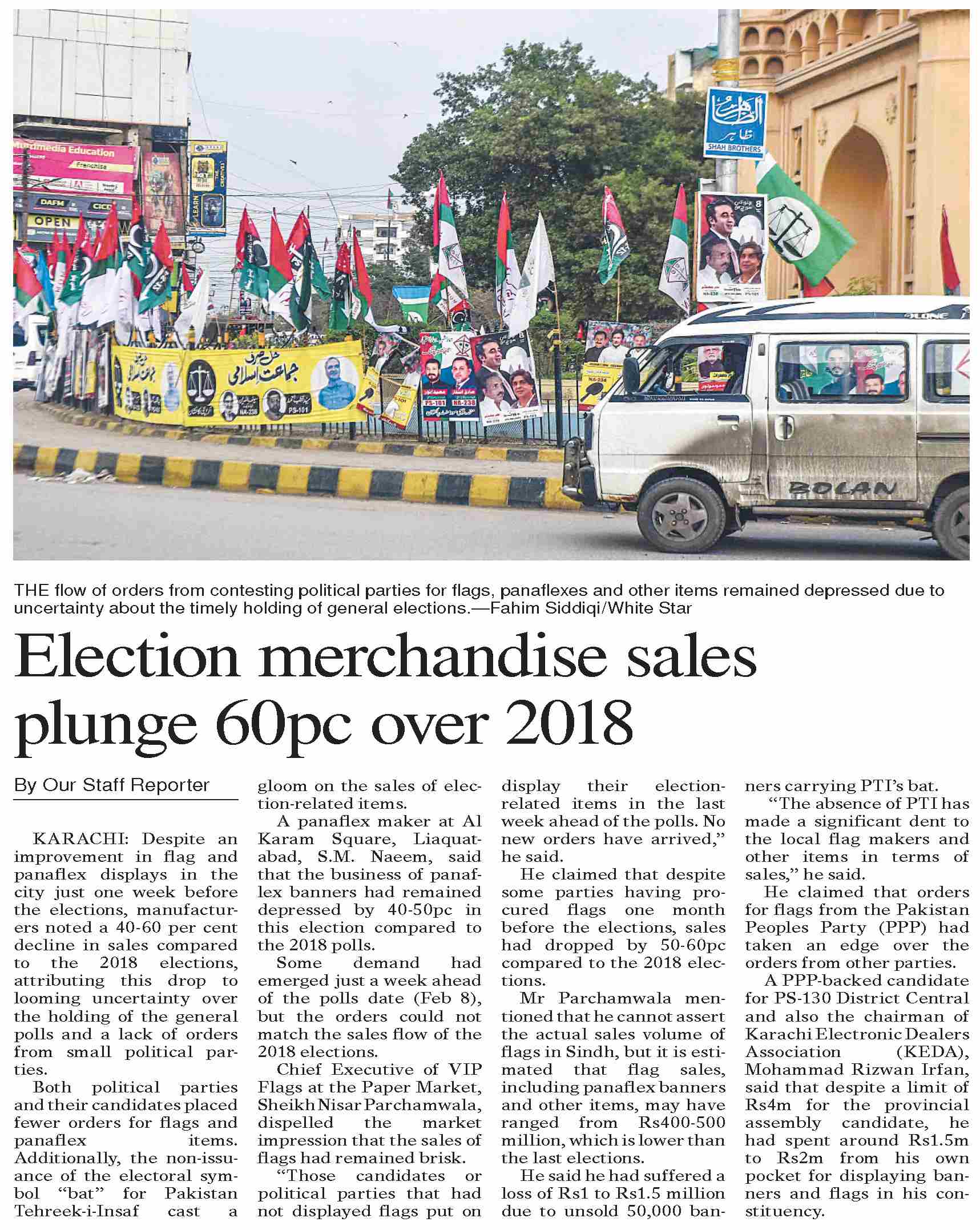 Dawn-ePaper | Feb 09, 2024 | Election merchandise sales plunge 60pc over 2018