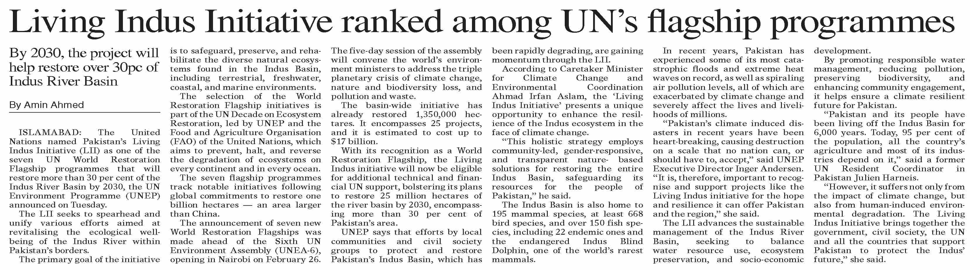 Dawn-ePaper | Feb 14, 2024 | Living Indus Initiative ranked among UN`s ...