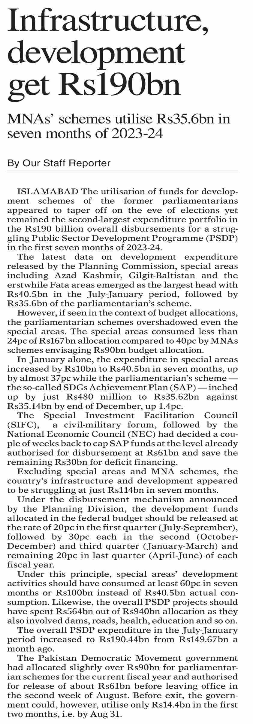 Dawn-ePaper | Feb 14, 2024 | Infrastructure, development get Rs190bn Dawn-ePaper | Feb 14, 2024 | Infrastructure, development get Rs190bn