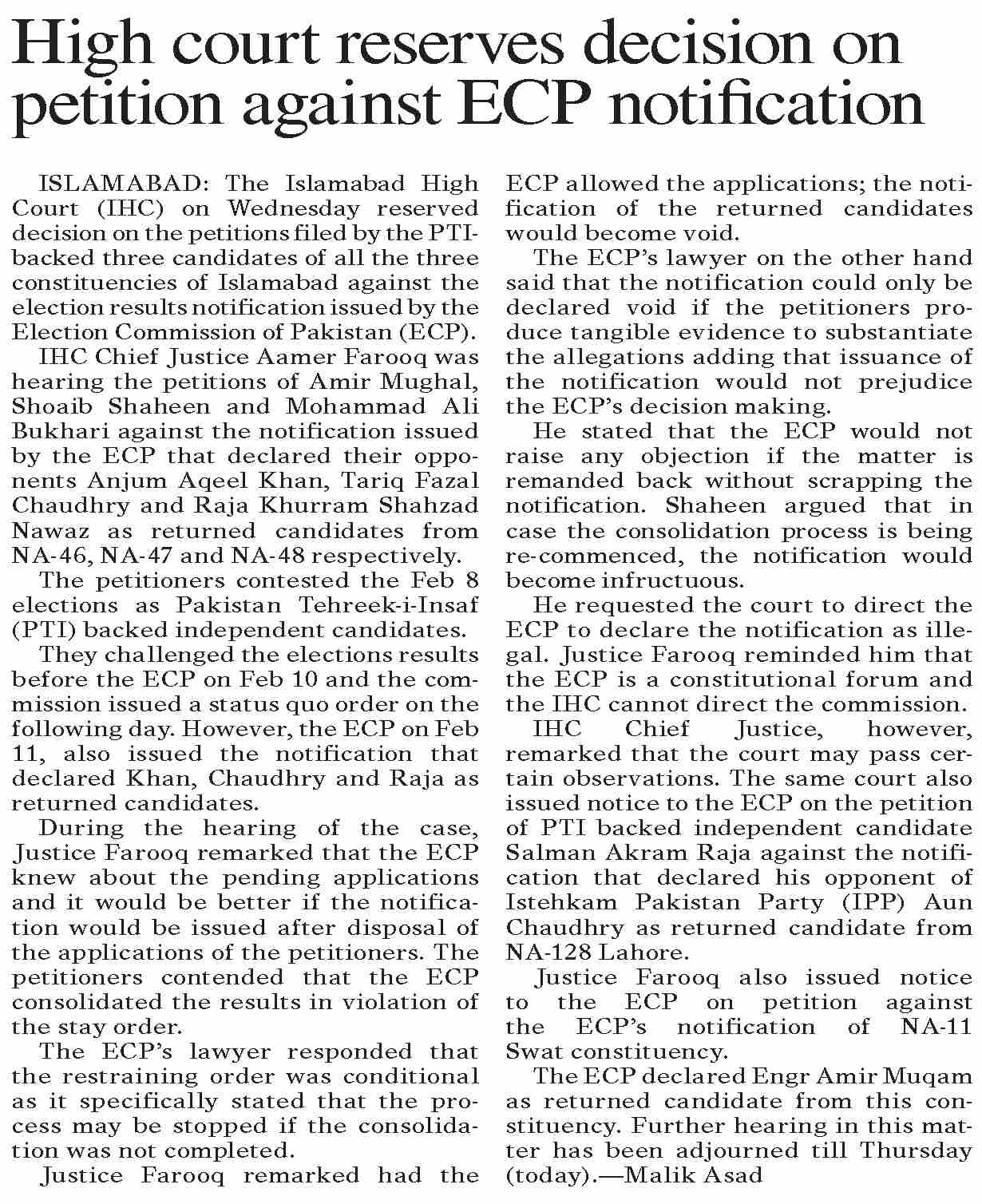 Dawn-ePaper | Feb 15, 2024 | High court reserves decision on petition against ECP notification