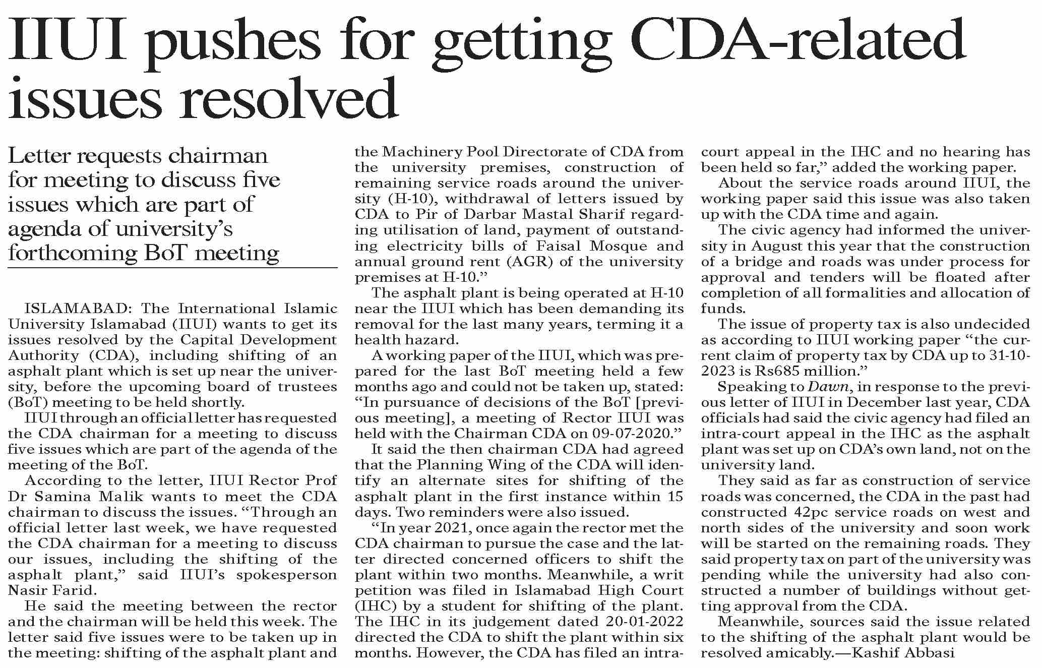 Dawn-ePaper | Feb 26, 2024 | IIUI pushes for getting CDA-related issues ...