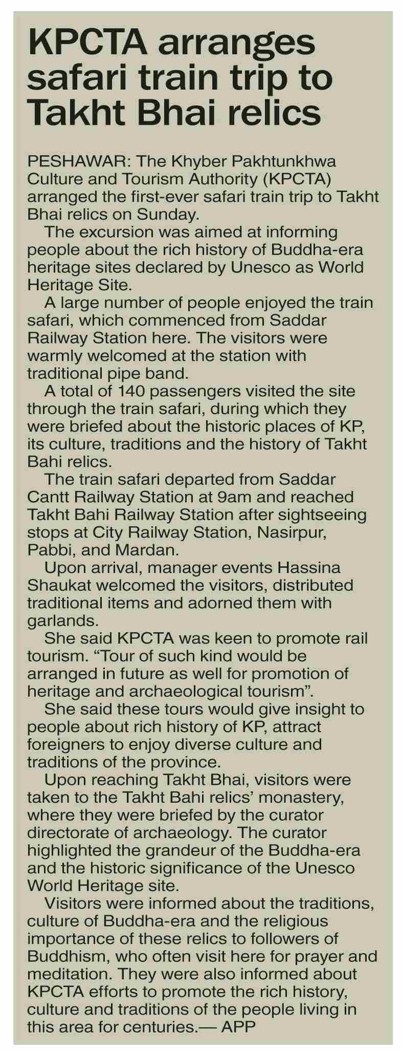 Dawn-ePaper | Mar 04, 2024 | KPCTA arranges safari train trip to Takht Bhai relics