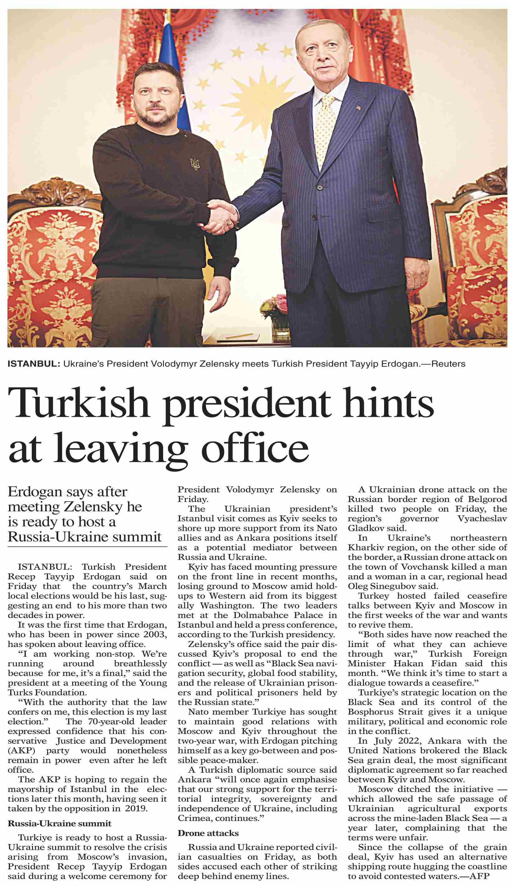 Dawn-ePaper | Mar 09, 2024 | Turkish president hints at leaving office
