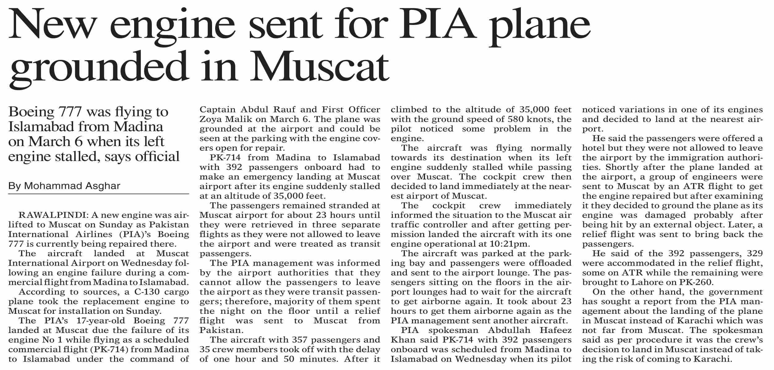 Dawn-ePaper | Mar 11, 2024 | New engine sent for PIA plane grounded in ...