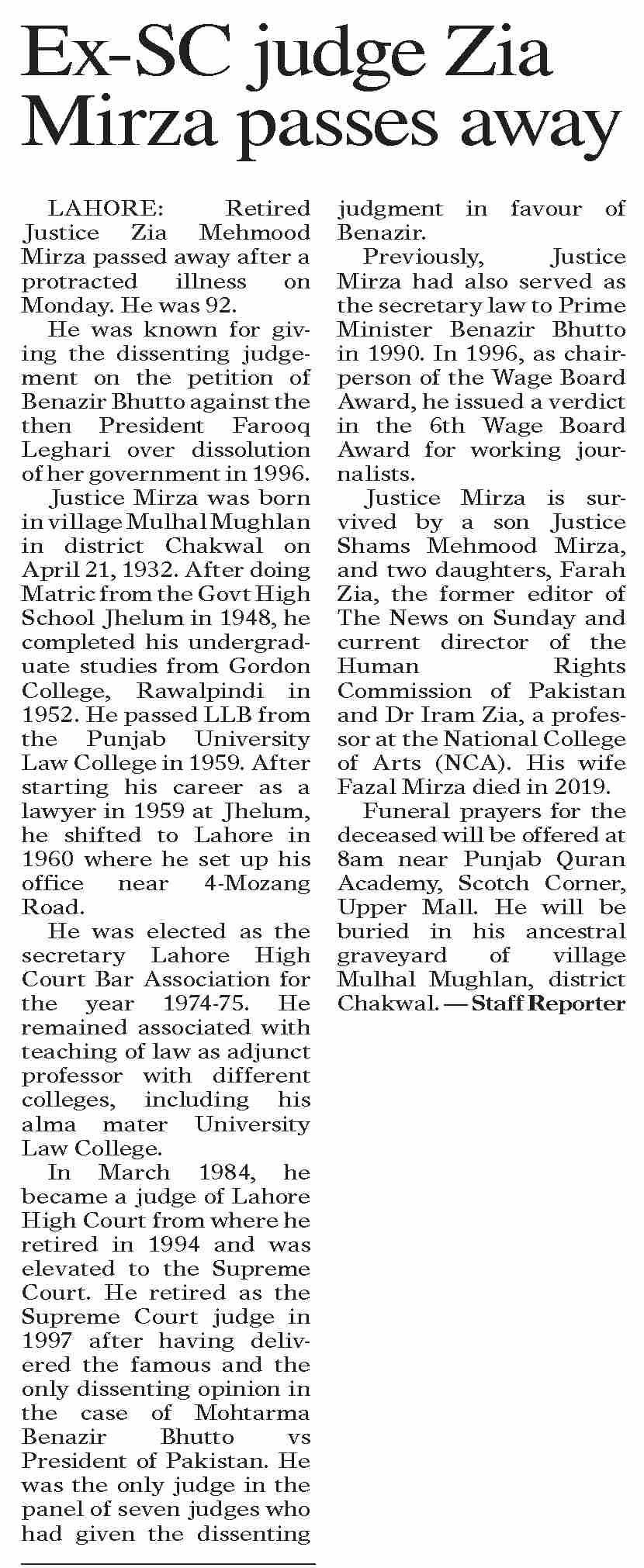 Dawn-ePaper | Mar 12, 2024 | Ex-SC judge Zia Mirza passes away