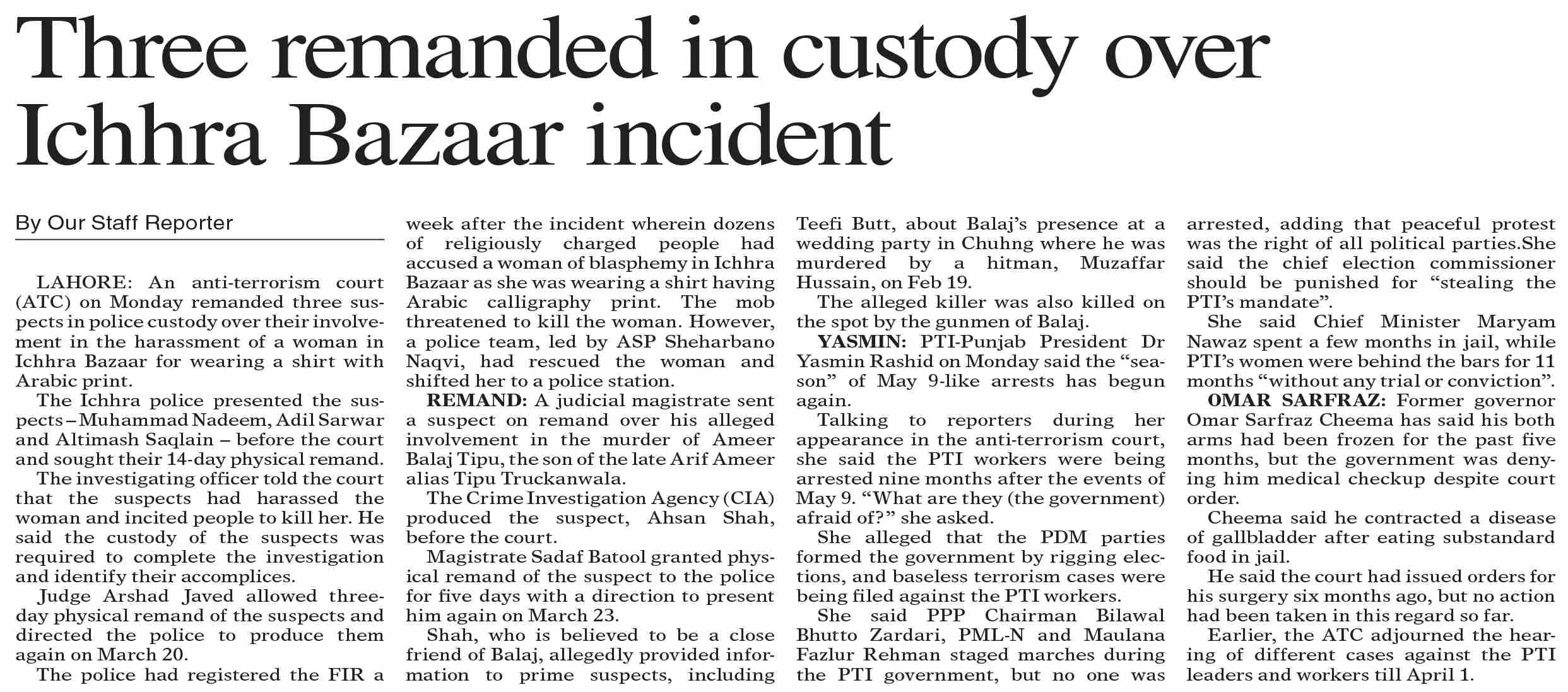 Dawn-ePaper | Mar 19, 2024 | Three remanded in custody over Ichhra ...