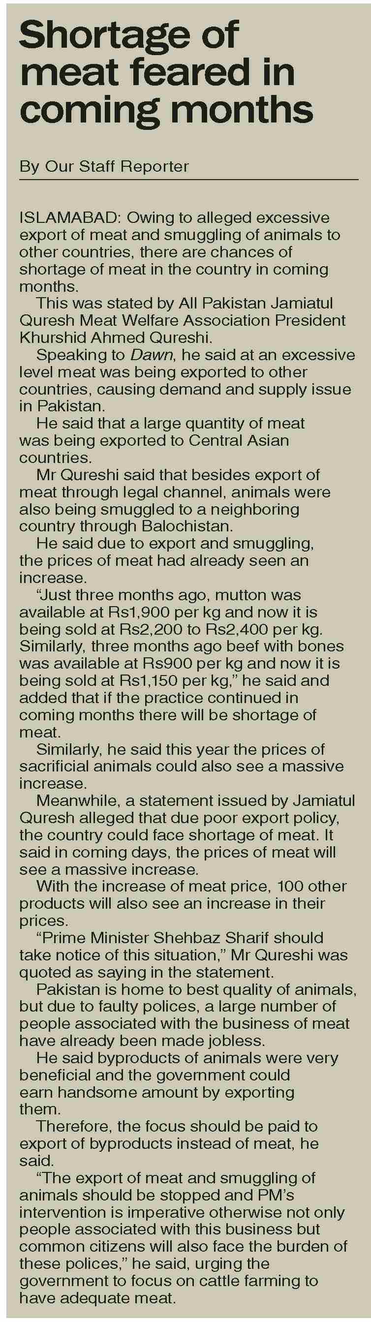 Dawn-ePaper | Apr 01, 2024 | Shortage of meat feared in coming months