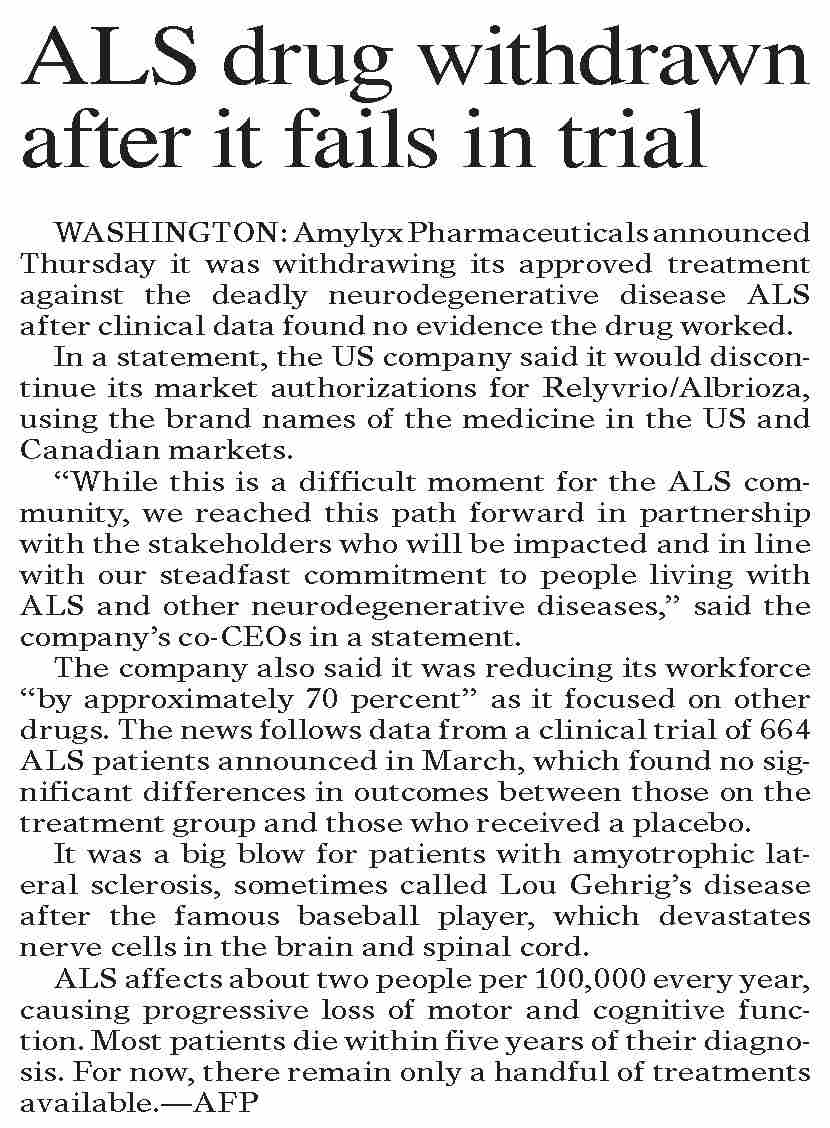 Dawn-ePaper | Apr 05, 2024 | ALS drug withdrawn after it fails in trial