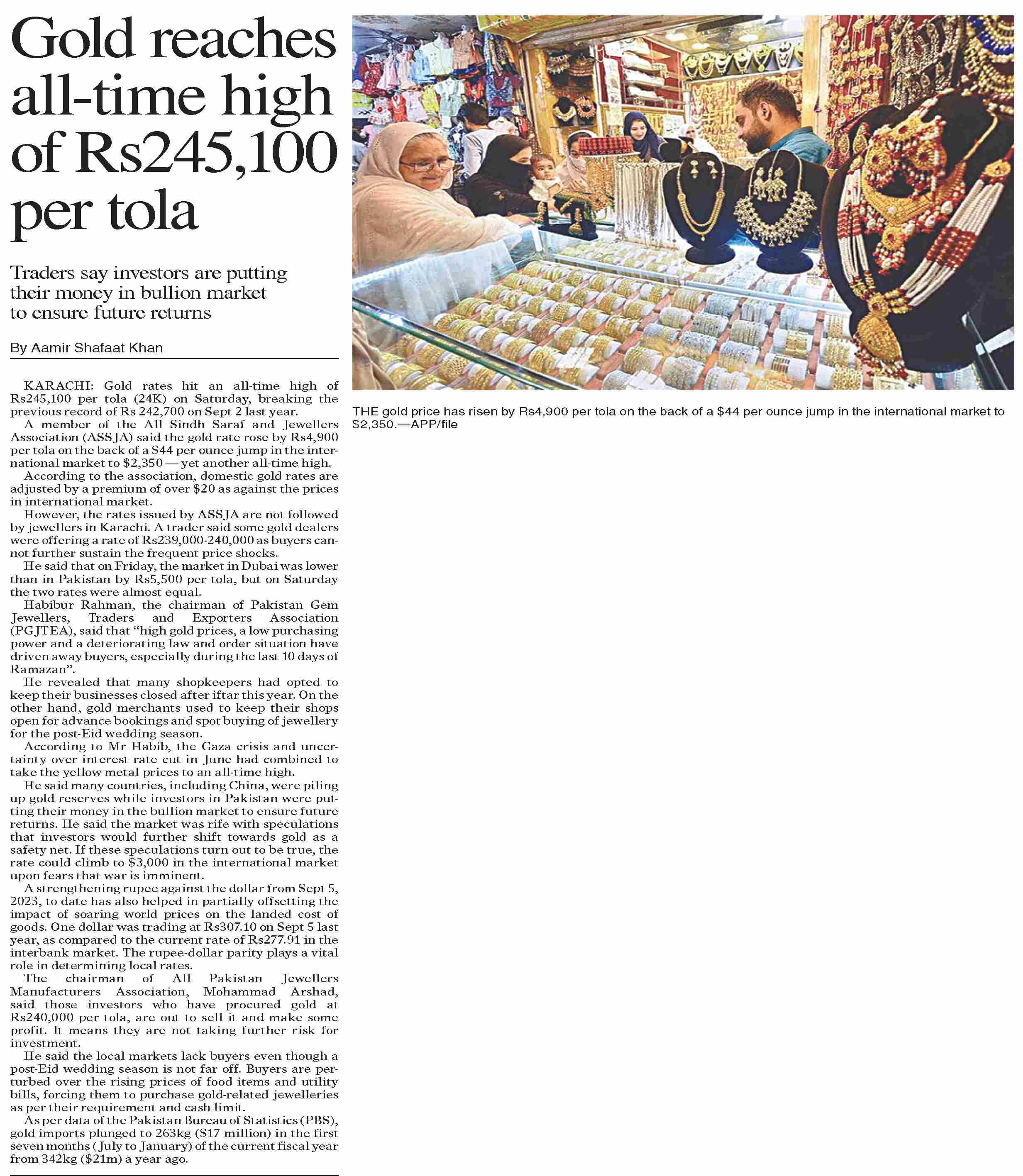 Dawn-ePaper | Apr 07, 2024 | Gold reaches all-time high of Rs245,100 ...
