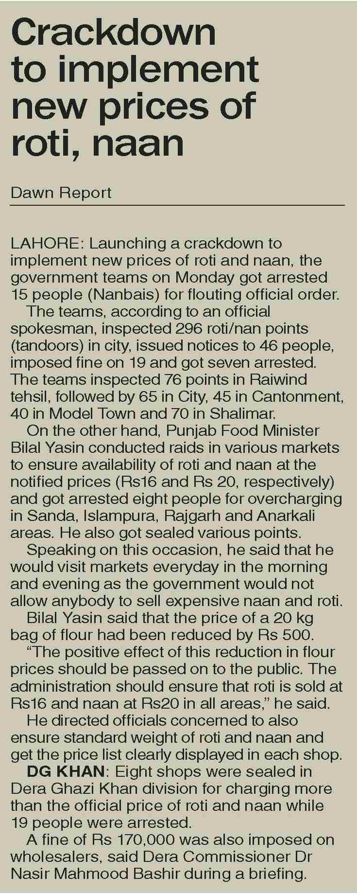 Dawn-ePaper | Apr 16, 2024 | Crackdown to implement new prices of roti ...