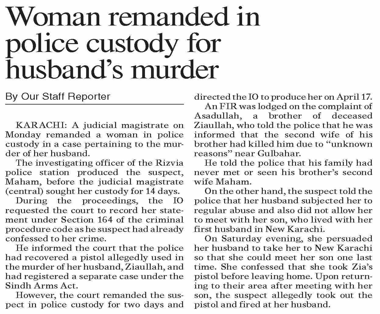 Dawn-ePaper | Apr 16, 2024 | Woman remanded in police custody for ...