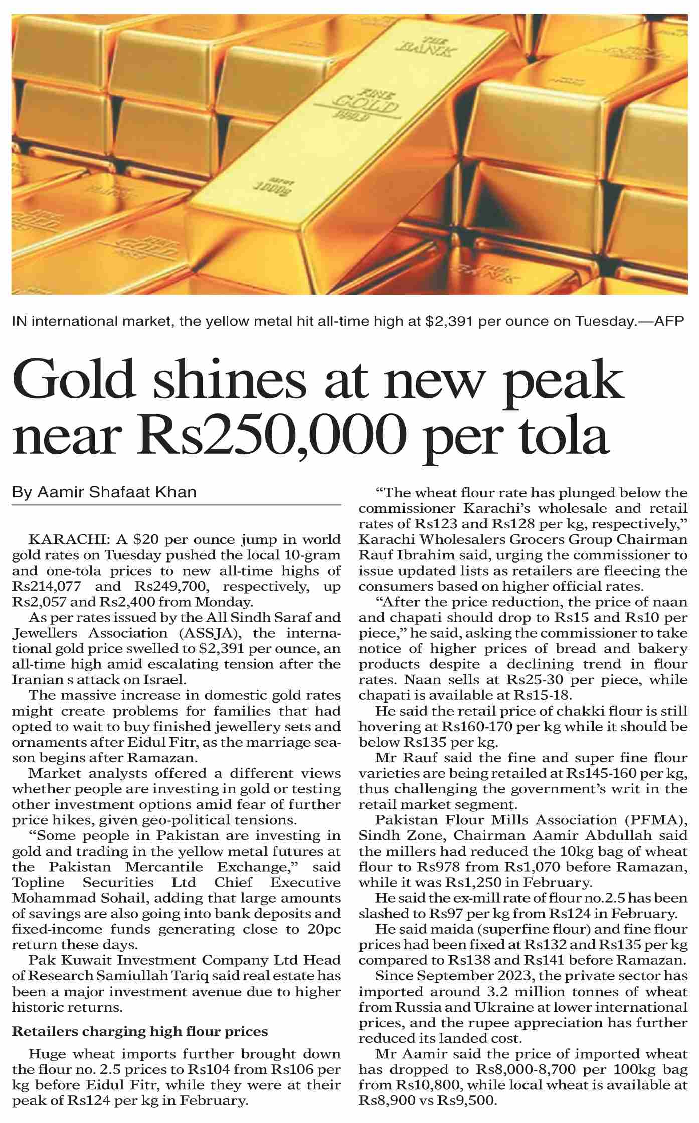 Dawn-ePaper | Apr 17, 2024 | Gold shines at new peak near Rs250,000 per ...