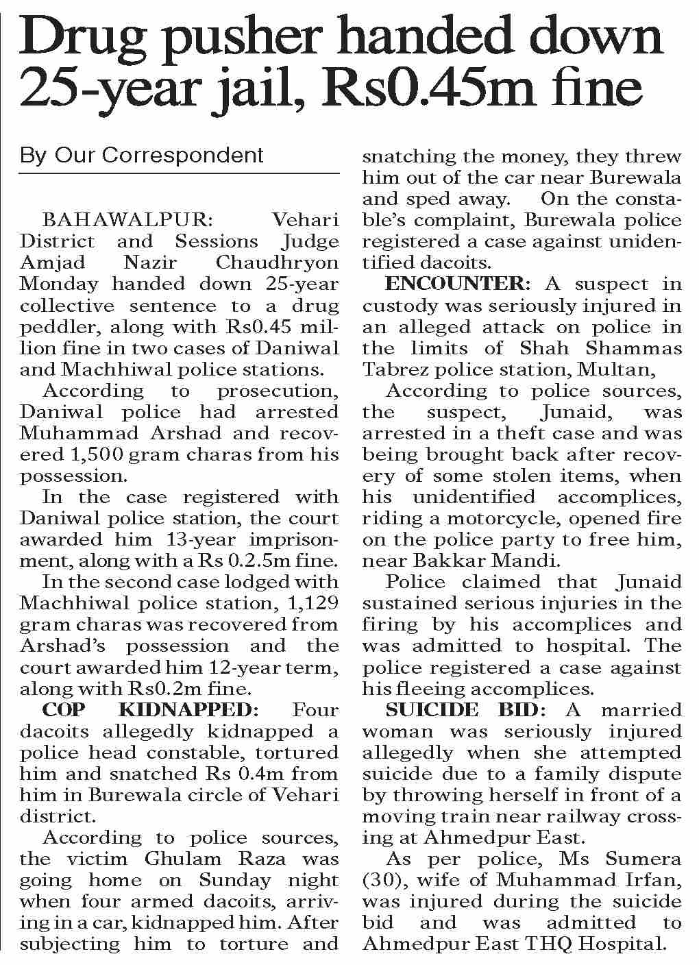 Dawn-ePaper | Apr 30, 2024 | Drug pusher handed down 25-year jail, Rs0 ...