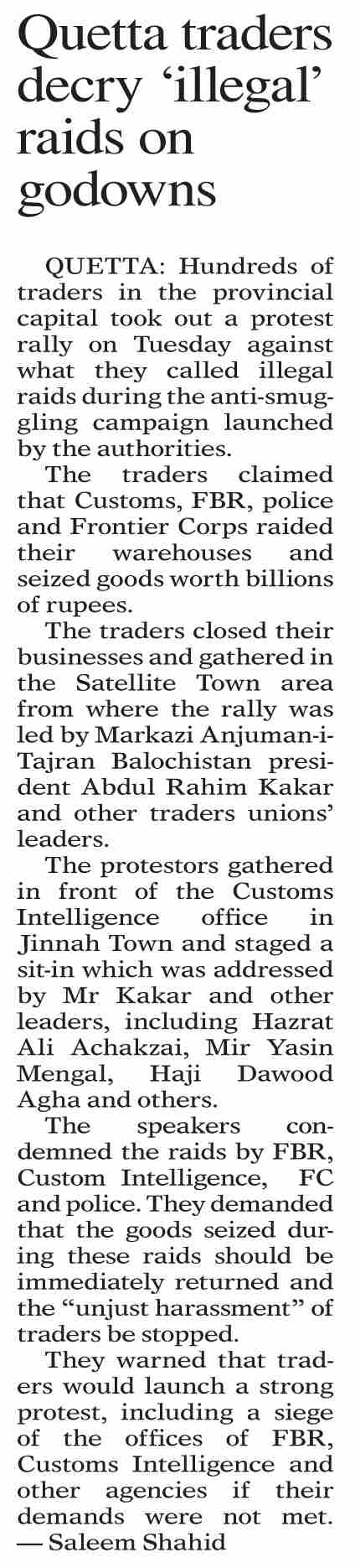 Dawn-ePaper | May 01, 2024 | Quetta traders decry `illegal` raids on godowns