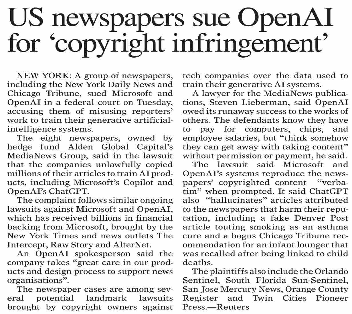 Dawn-ePaper | May 01, 2024 | US newspapers sue OpenAI for `copyright infringement`