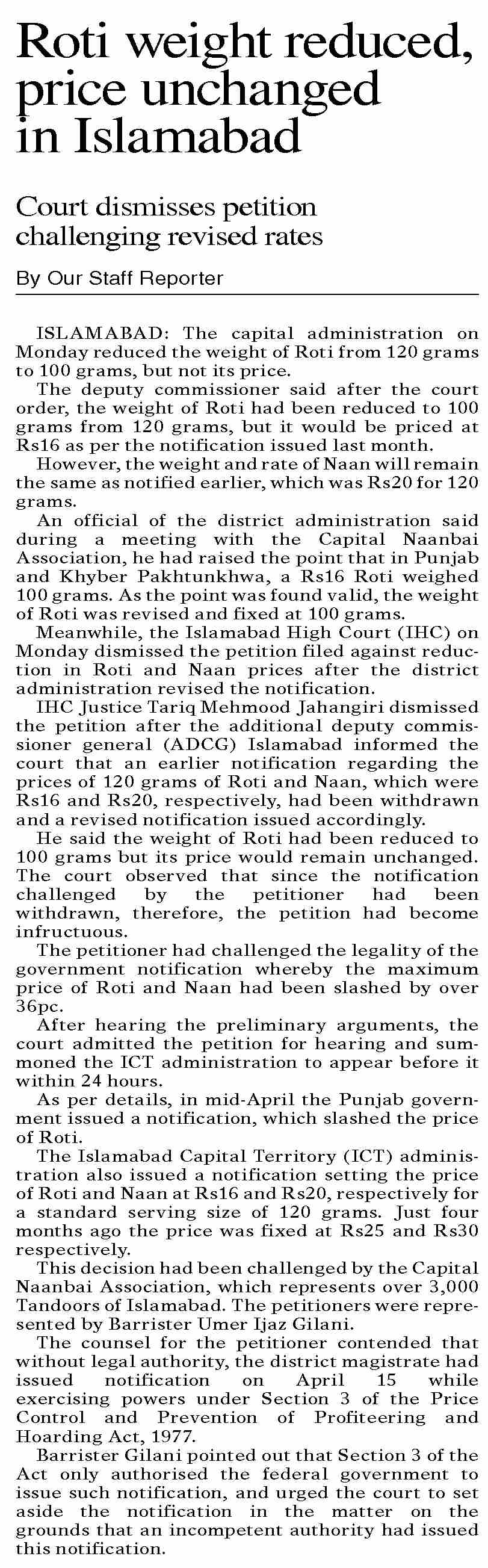 Dawn-ePaper | May 07, 2024 | Roti weight reduced, price unchanged in ...