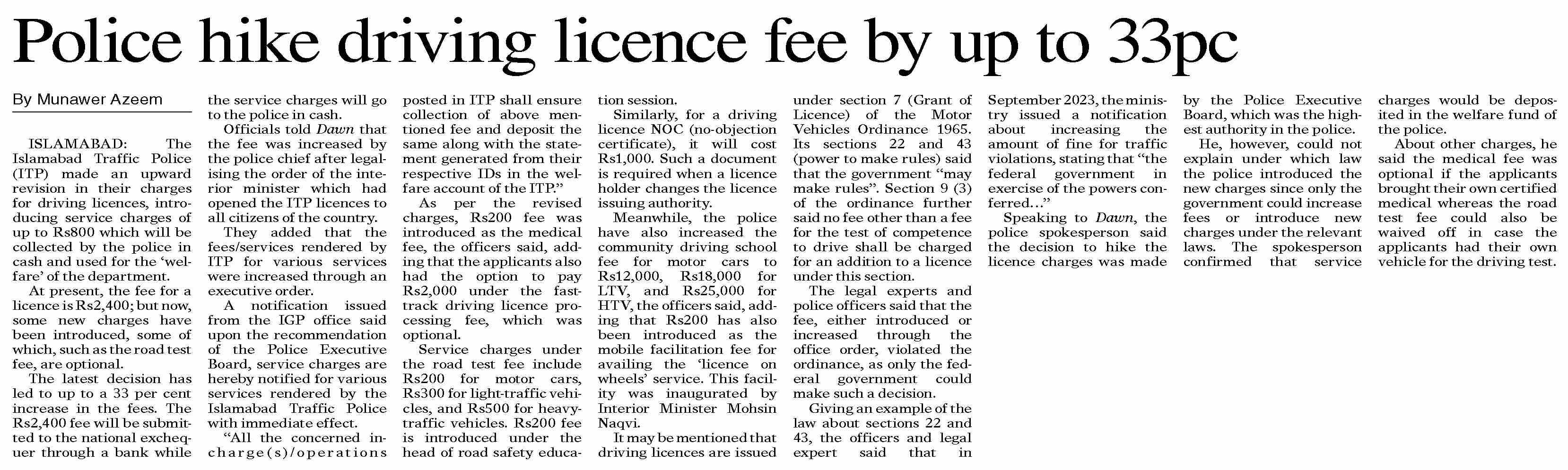 Dawn-ePaper | May 12, 2024 | Police hike driving licence fee by up to 33pc
