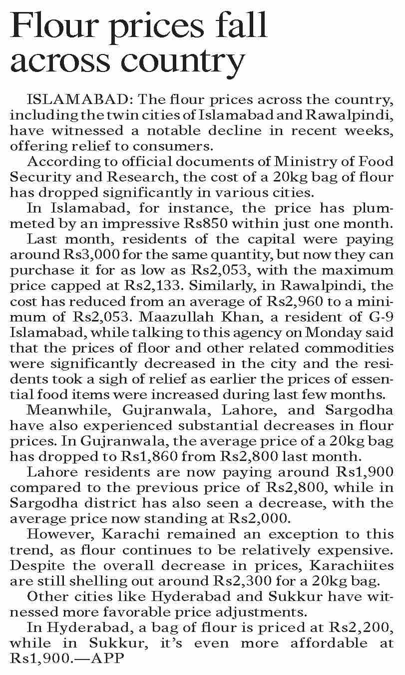Dawn-ePaper | May 14, 2024 | Flour prices fall across country