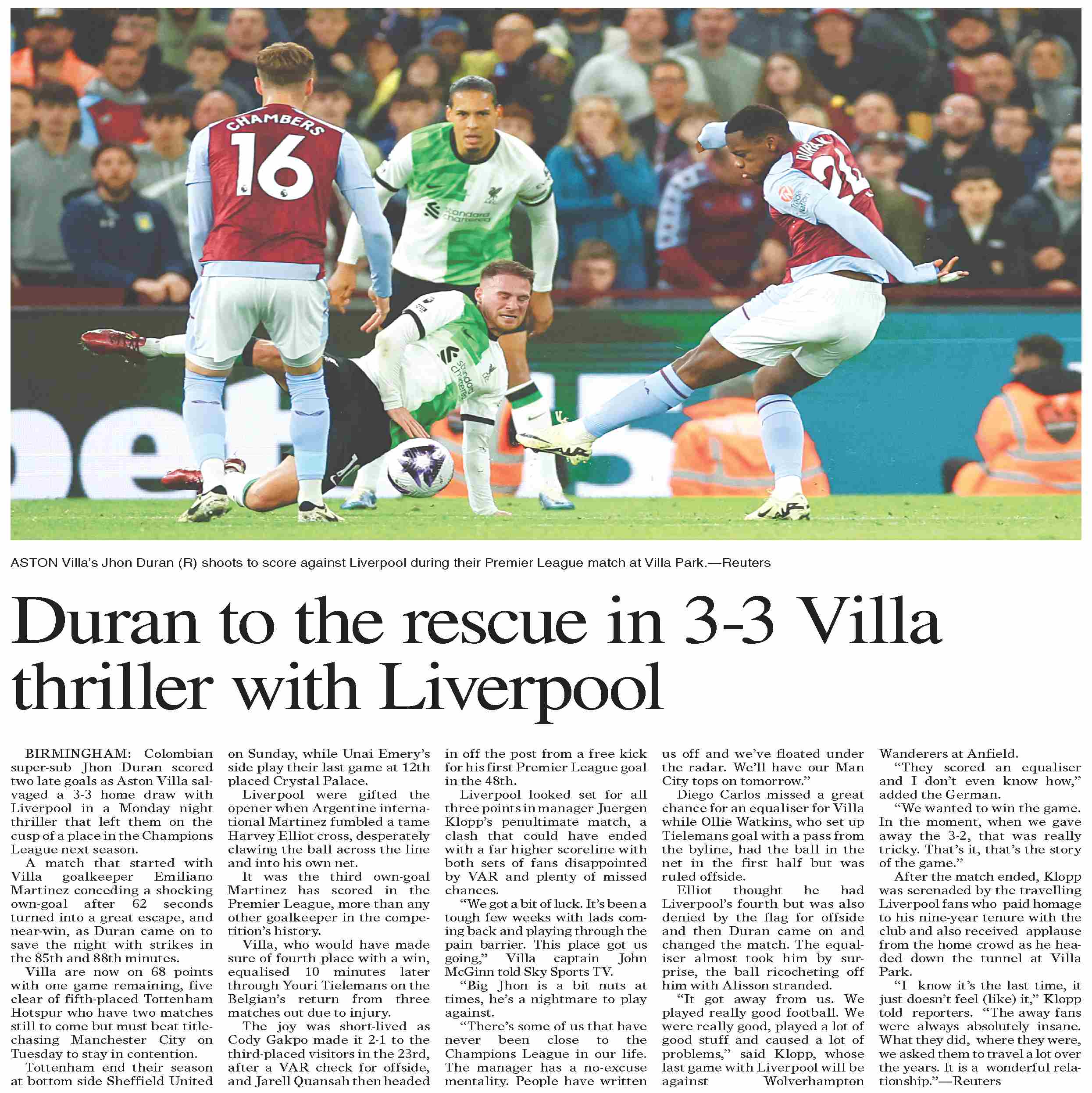 Dawn-ePaper | May 15, 2024 | Duran to the rescue in 3-3 Villa thriller ...
