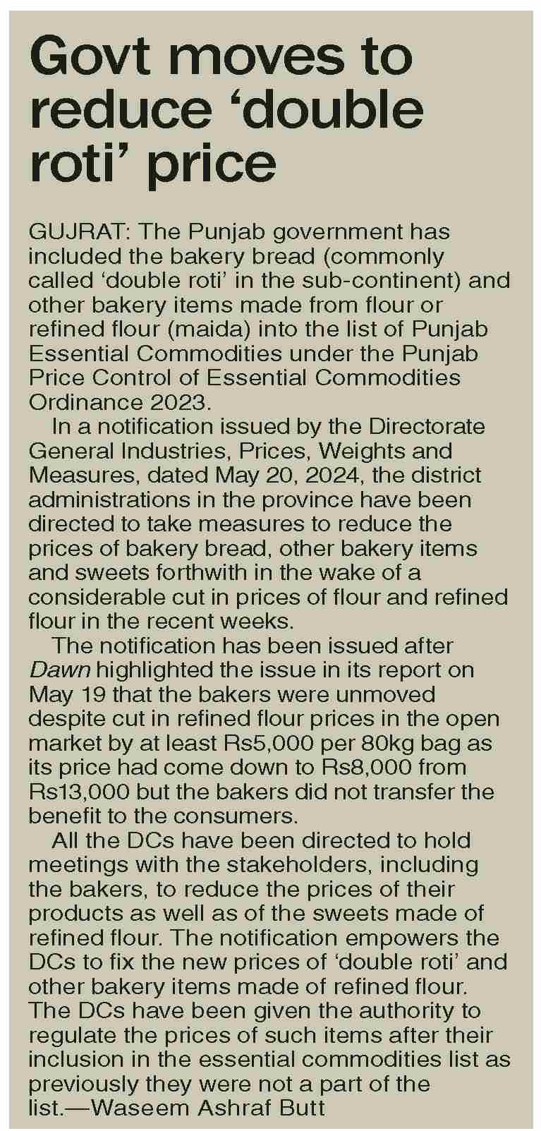 Dawn-ePaper | May 21, 2024 | Govt moves to reduce `double roti` price