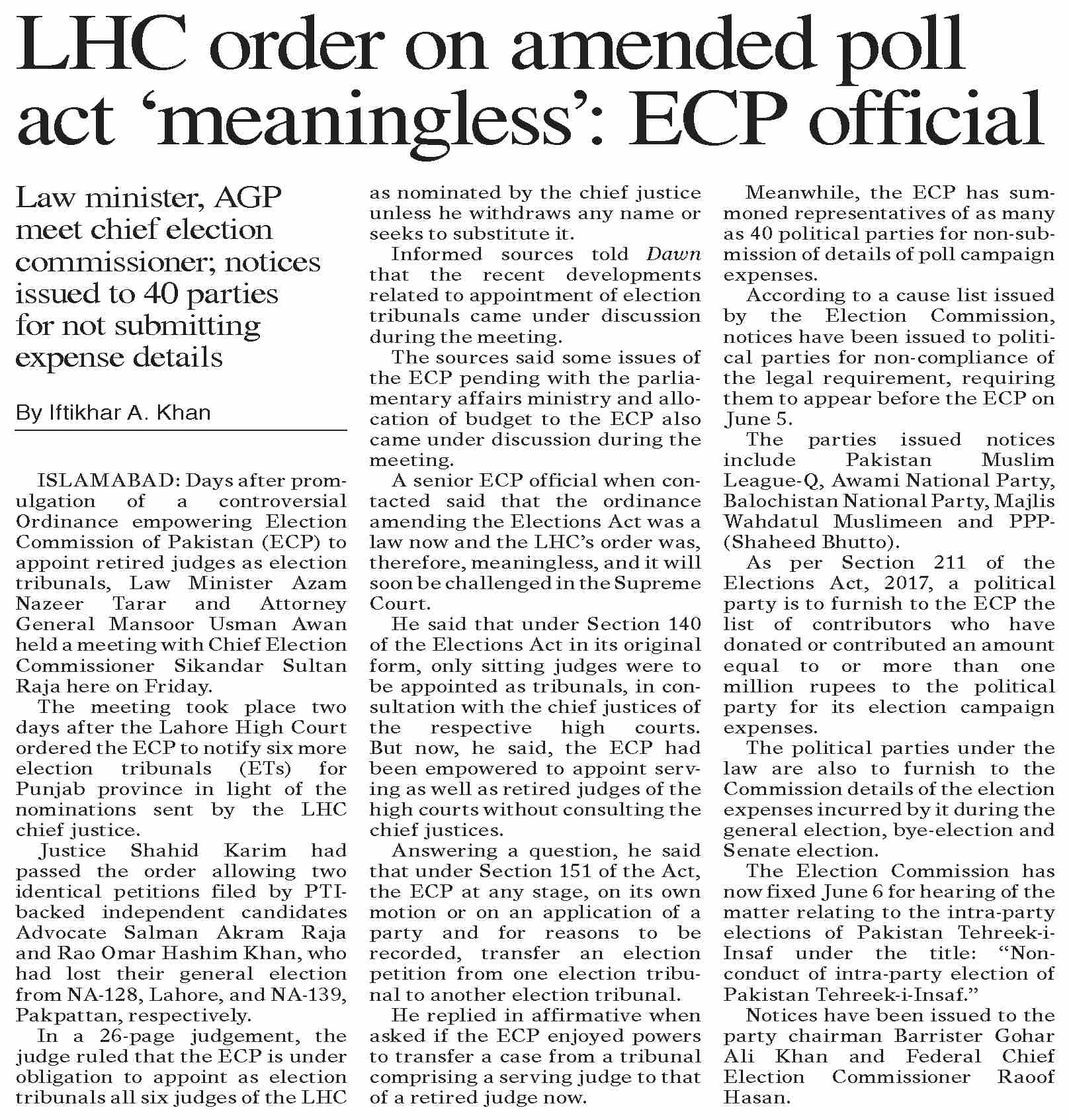 Dawn-ePaper | Jun 01, 2024 | LHC order on amended poll act `meaningless ...
