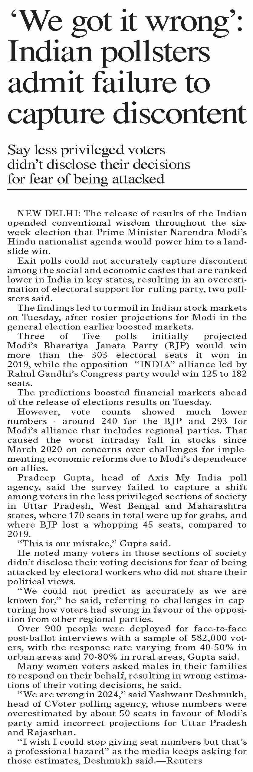 Dawn-ePaper | Jun 06, 2024 | `We got it wrong` Indian pollsters admit ... Dawn-ePaper | Jun 06, 2024 | `We got it wrong` Indian pollsters admit ...