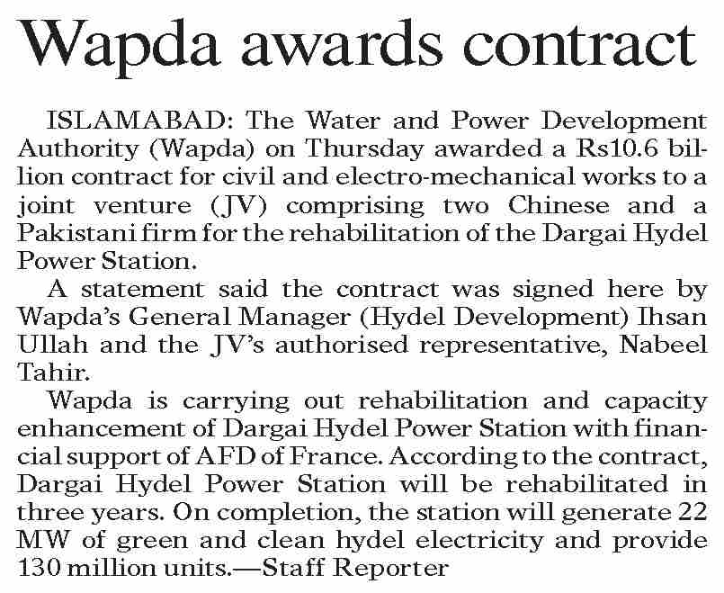 Dawn-ePaper | Jun 15, 2024 | Wapda awards contract