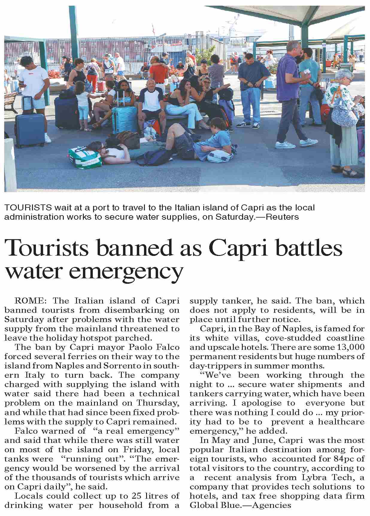 Dawn-ePaper | Jun 23, 2024 | Tourists banned as Capri battles water ...