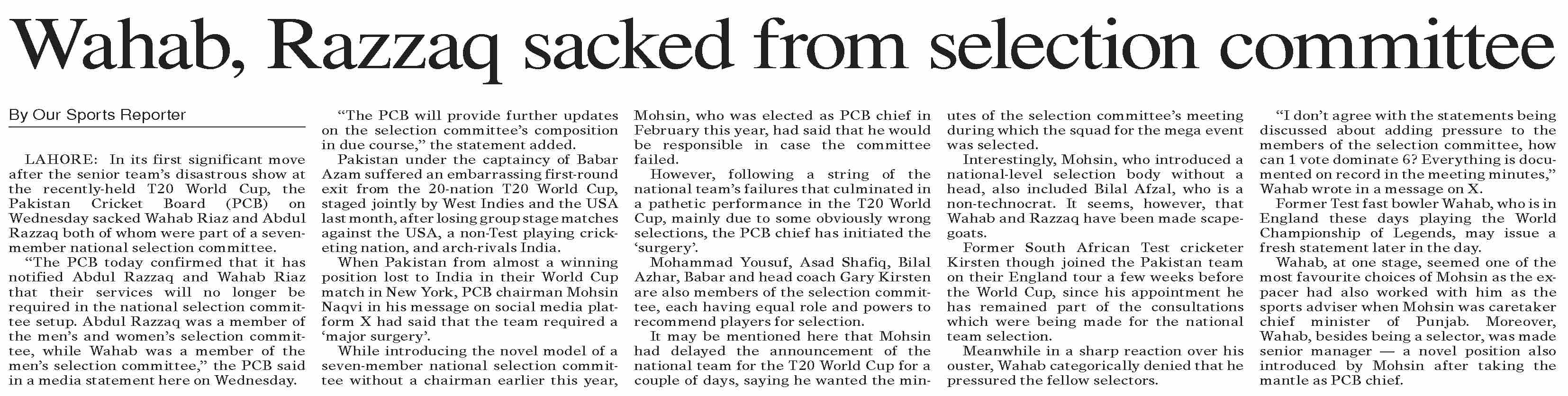 Dawn-ePaper | Jul 11, 2024 | Wahab, Razzaq sacked from selection committee