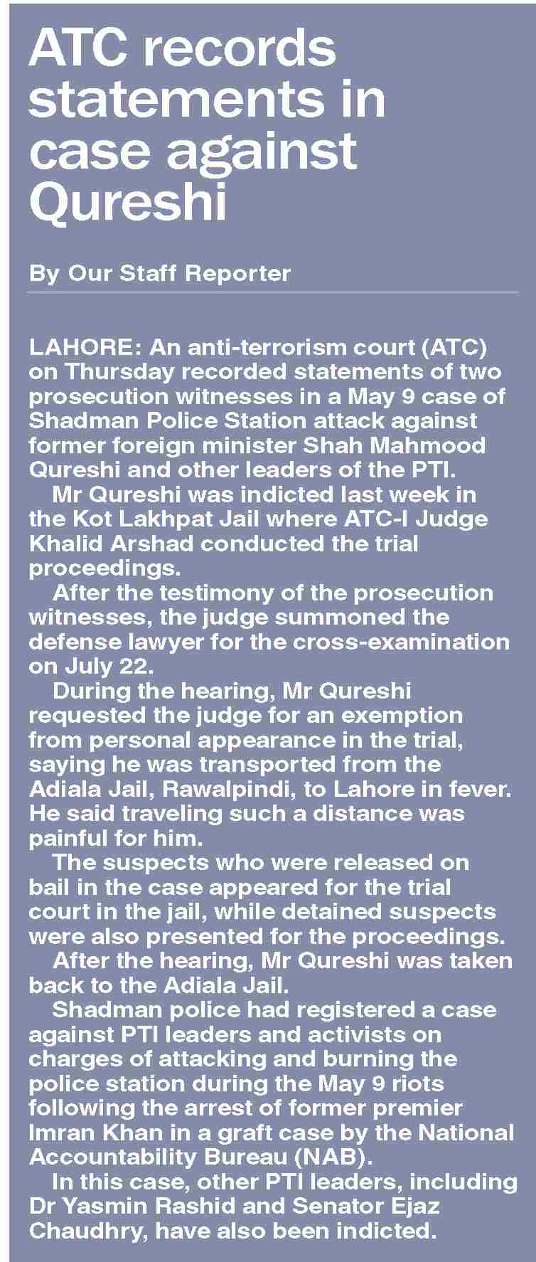 Dawn-ePaper | Jul 19, 2024 | ATC records statements in case against Qureshi