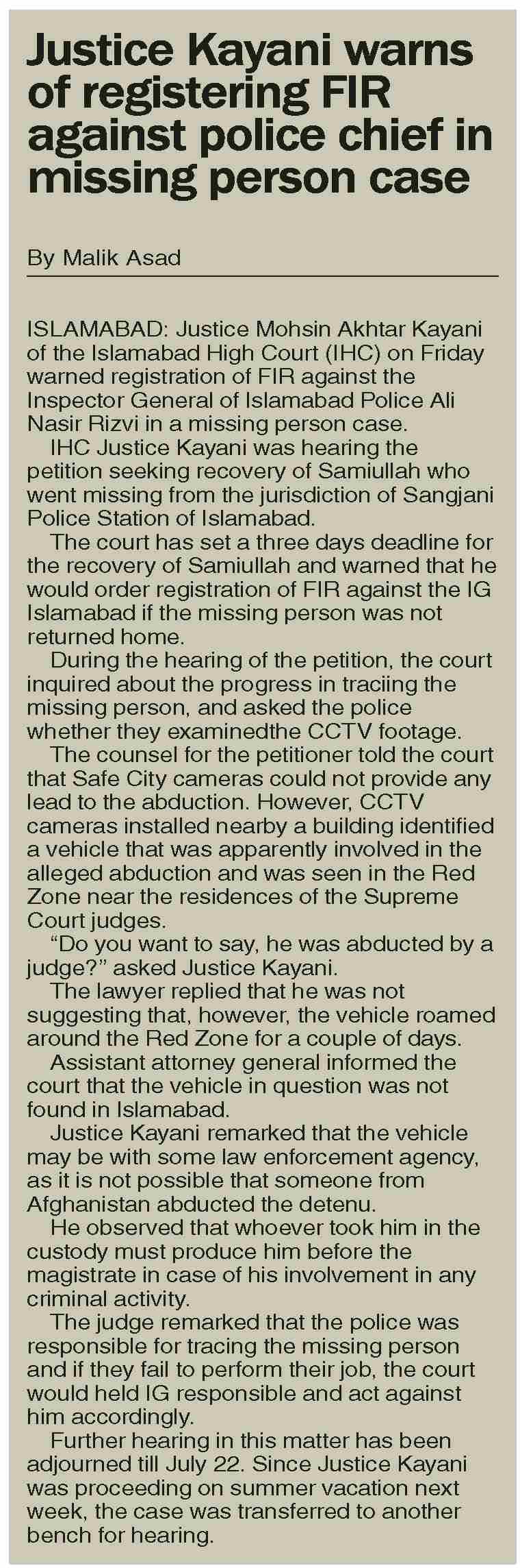 Dawn-ePaper | Jul 20, 2024 | Justice Kayani warns of registering FIR ...