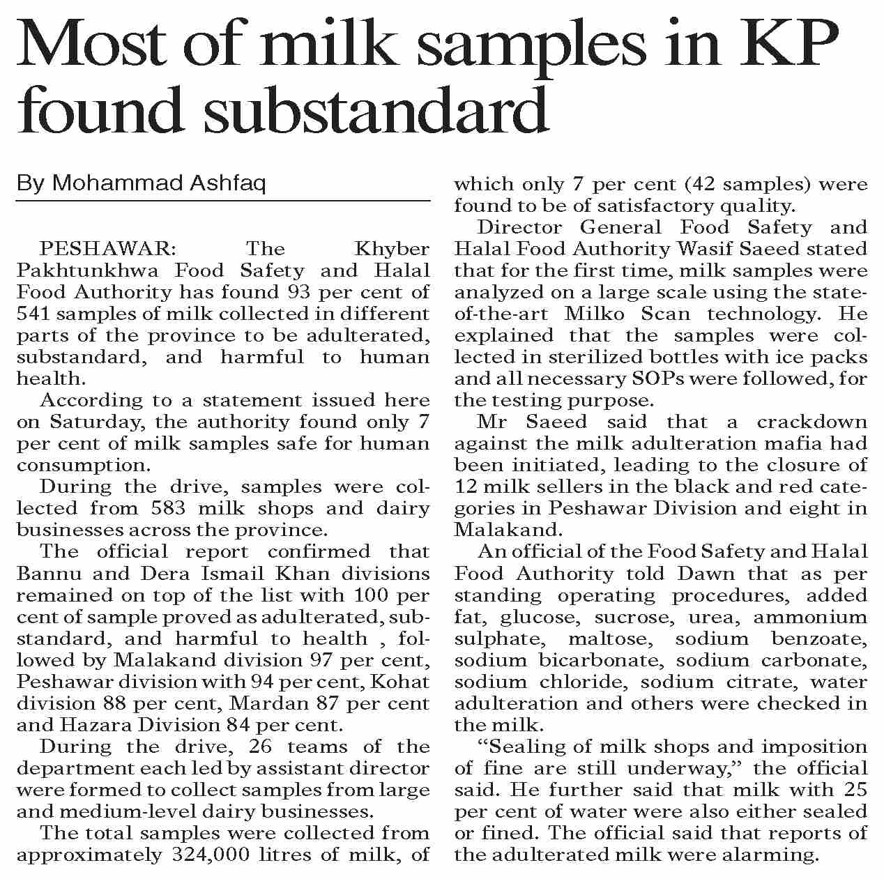 Dawn-ePaper | Jul 28, 2024 | Most of milk samples in KP found substandard