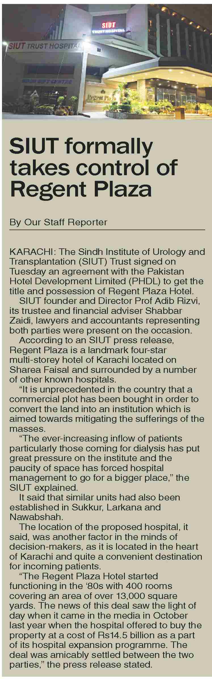 Dawn-ePaper | Aug 07, 2024 | SIUT formally takes control of Regent Plaza