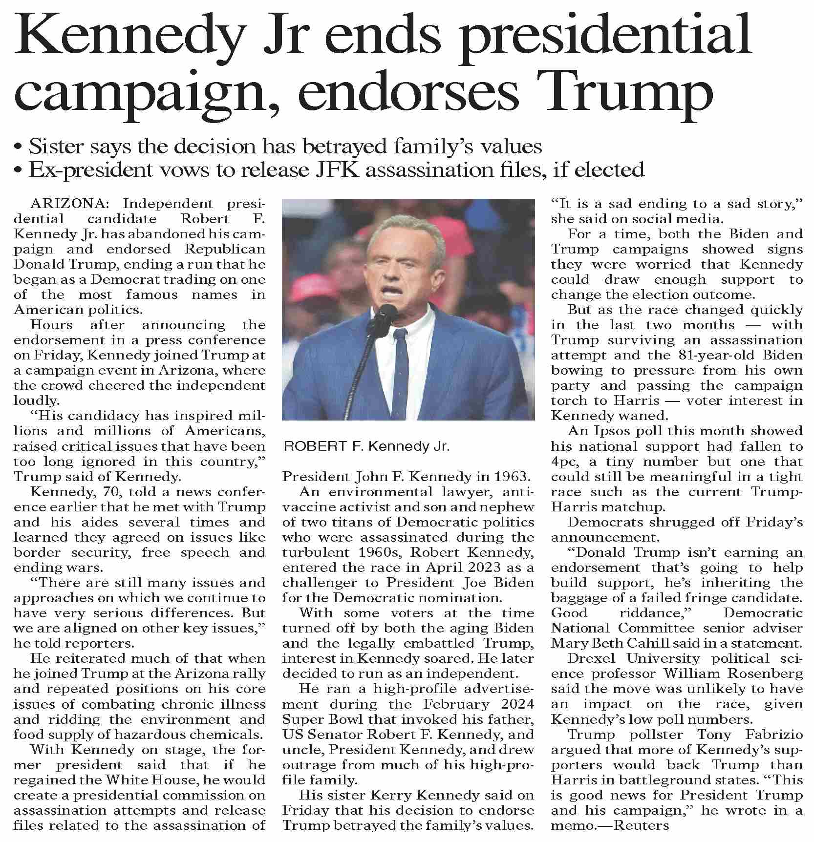 Dawn-ePaper | Aug 25, 2024 | Kennedy Jr ends presidential campaign ...