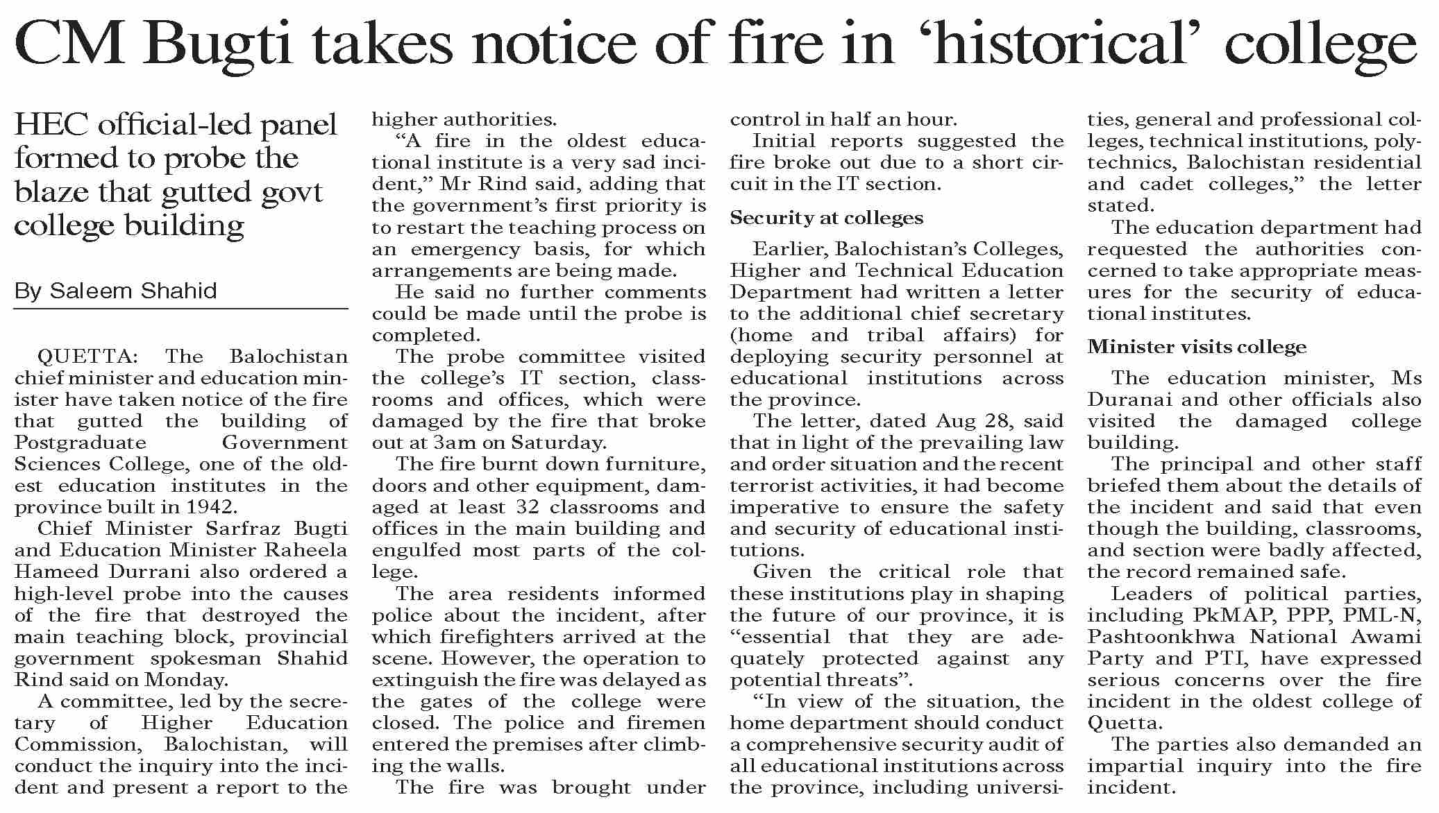 Dawn-ePaper | Sep 03, 2024 | CM Bugti takes notice of fire in ...