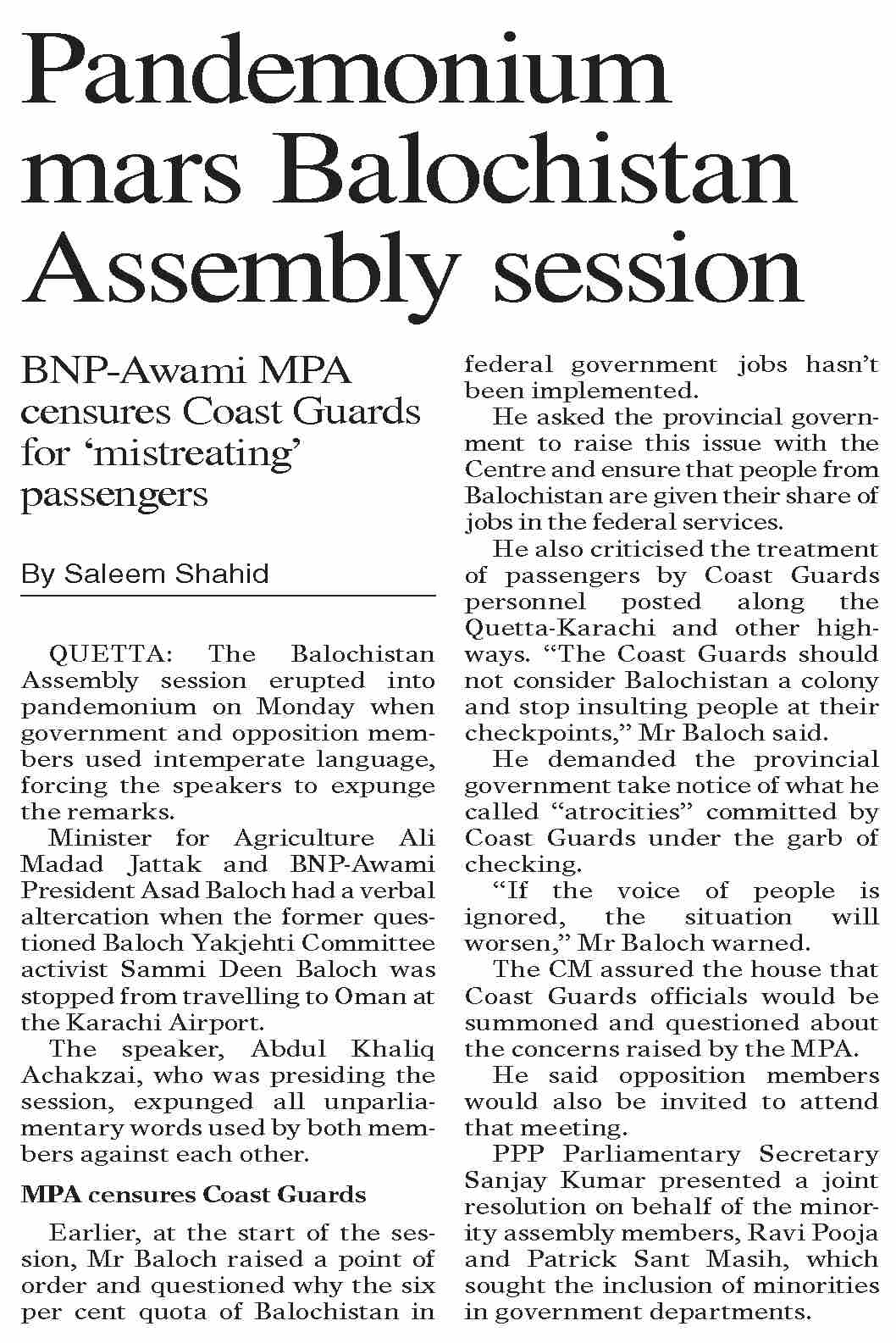 Dawn-ePaper | Sep 10, 2024 | Pandemonium mars Balochistan Assembly session
