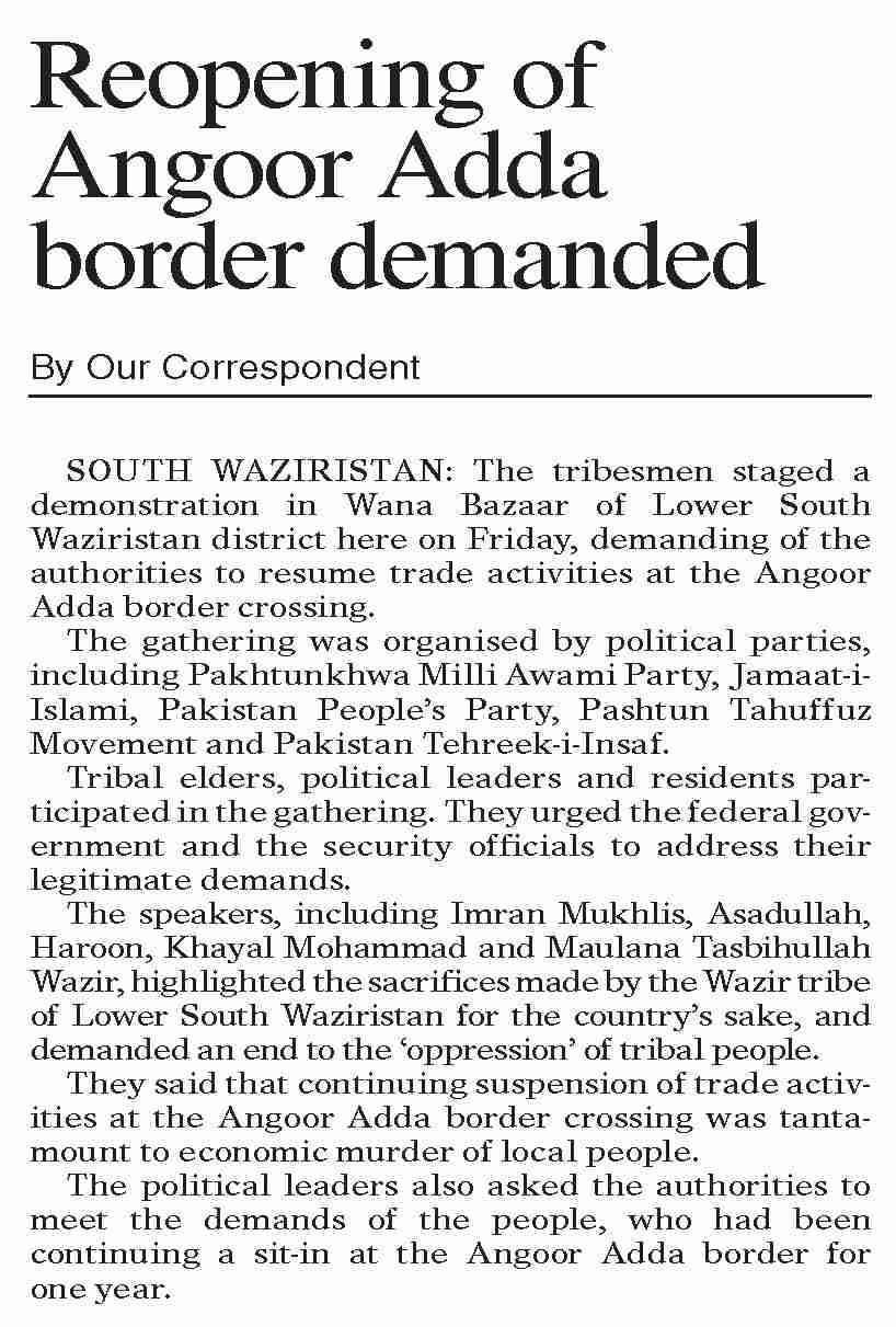 Dawn-ePaper | Sep 14, 2024 | Reopening of Angoor Adda border demanded