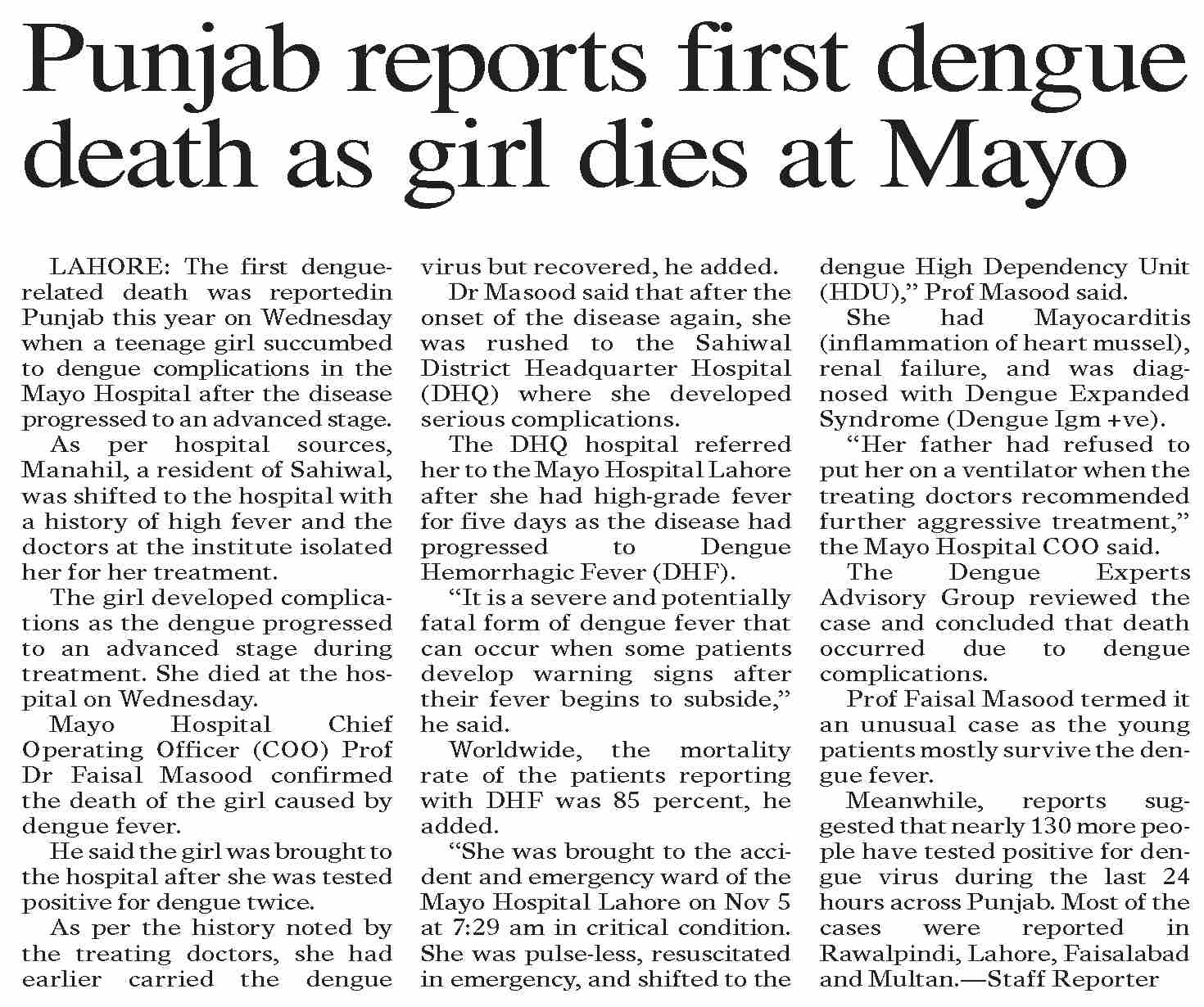 Dawn-ePaper | Nov 14, 2024 | Punjab reports first dengue death as girl ...