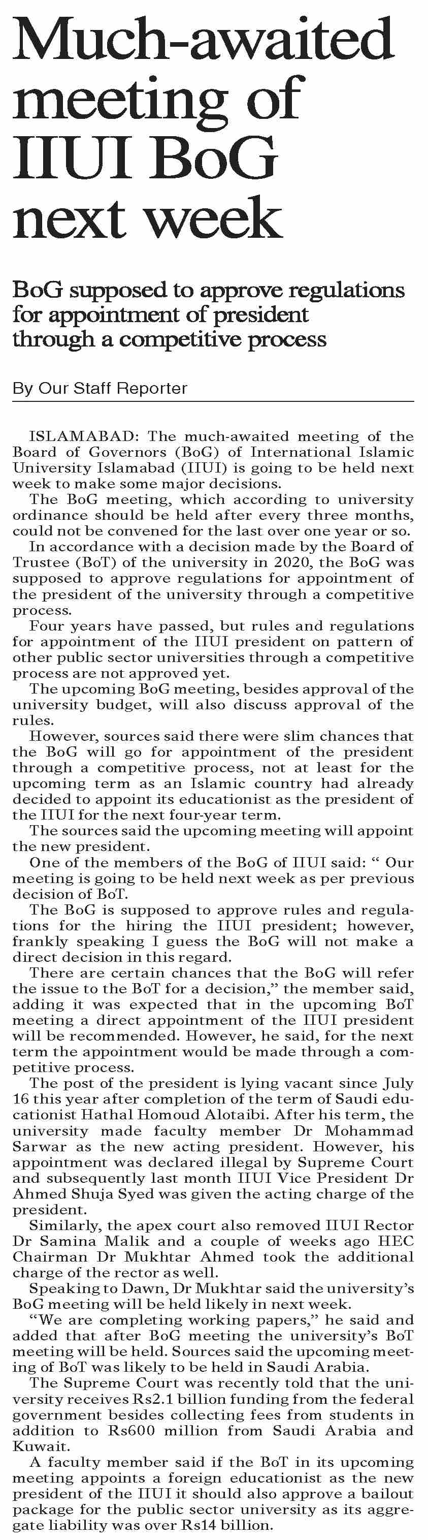 Dawn-ePaper | Nov 29, 2024 | Much-awaited meeting of IIUI BoG next week