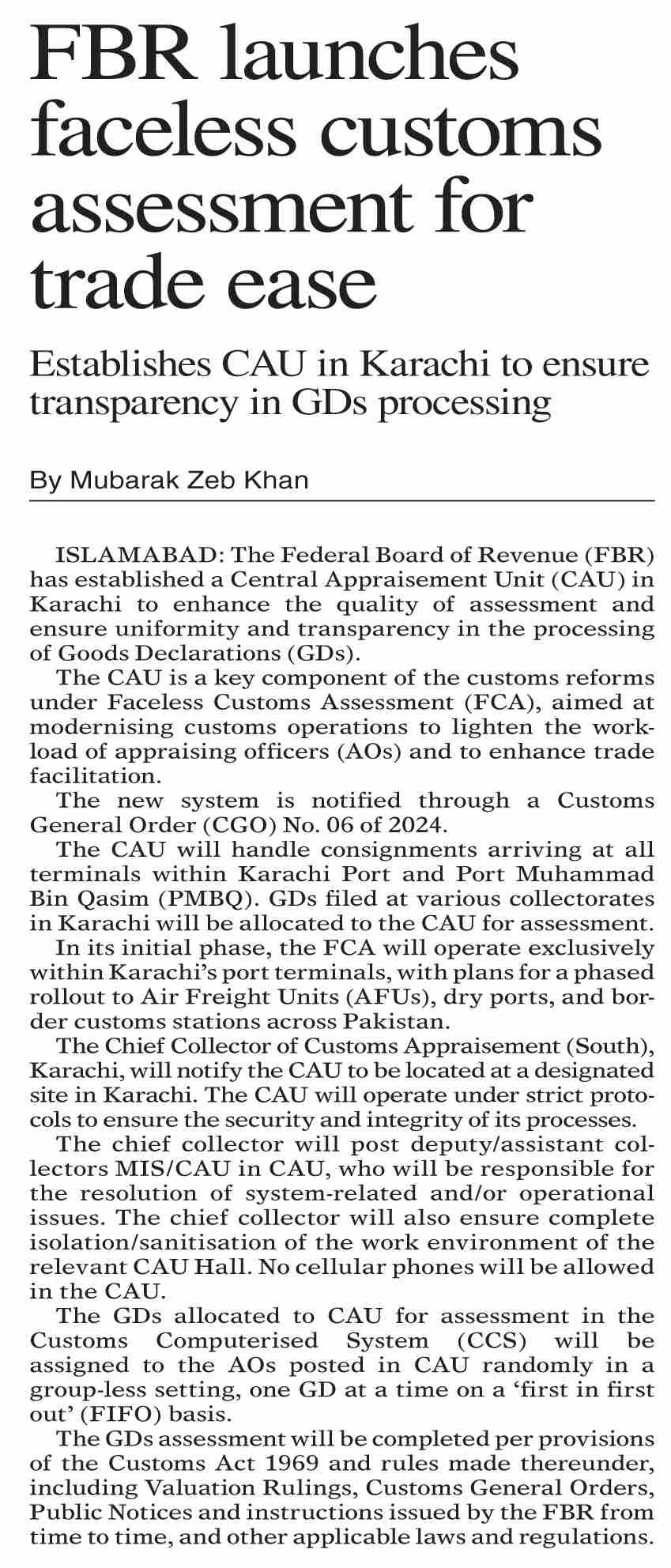 Dawn-ePaper | Dec 11, 2024 | FBR launches faceless customs assessment ...