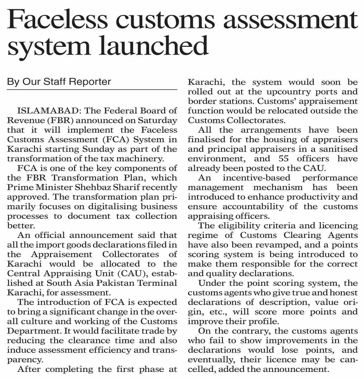 Dawn-ePaper | Dec 15, 2024 | Faceless customs assessment system launched