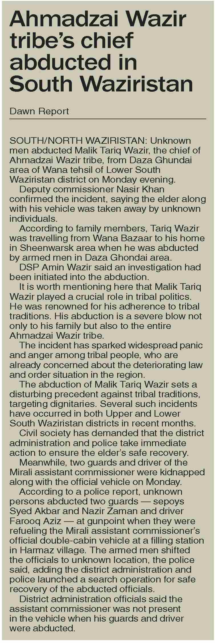 Dawn-ePaper | Dec 24, 2024 | Ahmadzai Wazir tribe`s chief abducted in ...