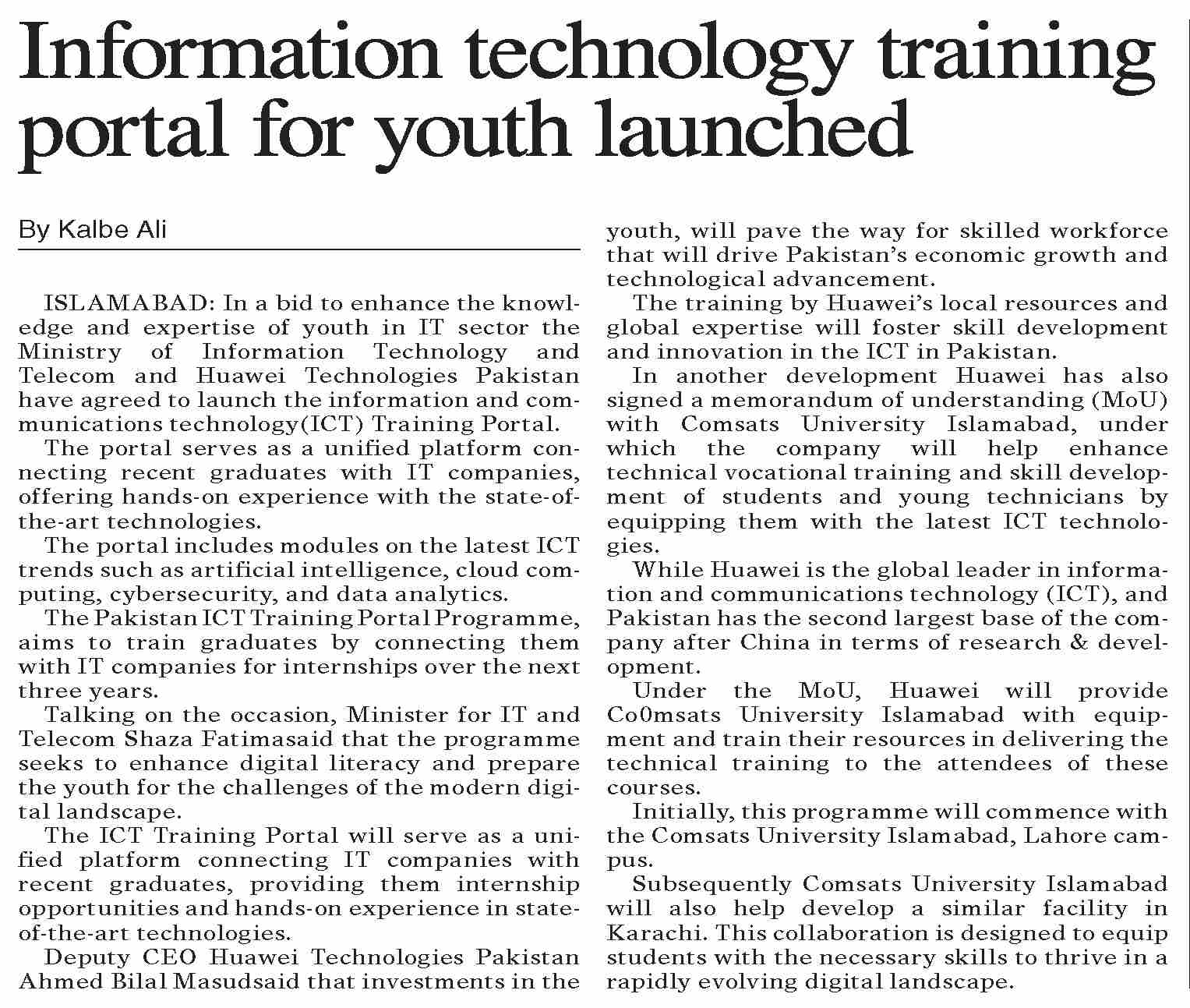 Dawn-ePaper | Jan 05, 2025 | Information technology training portal for youth launched