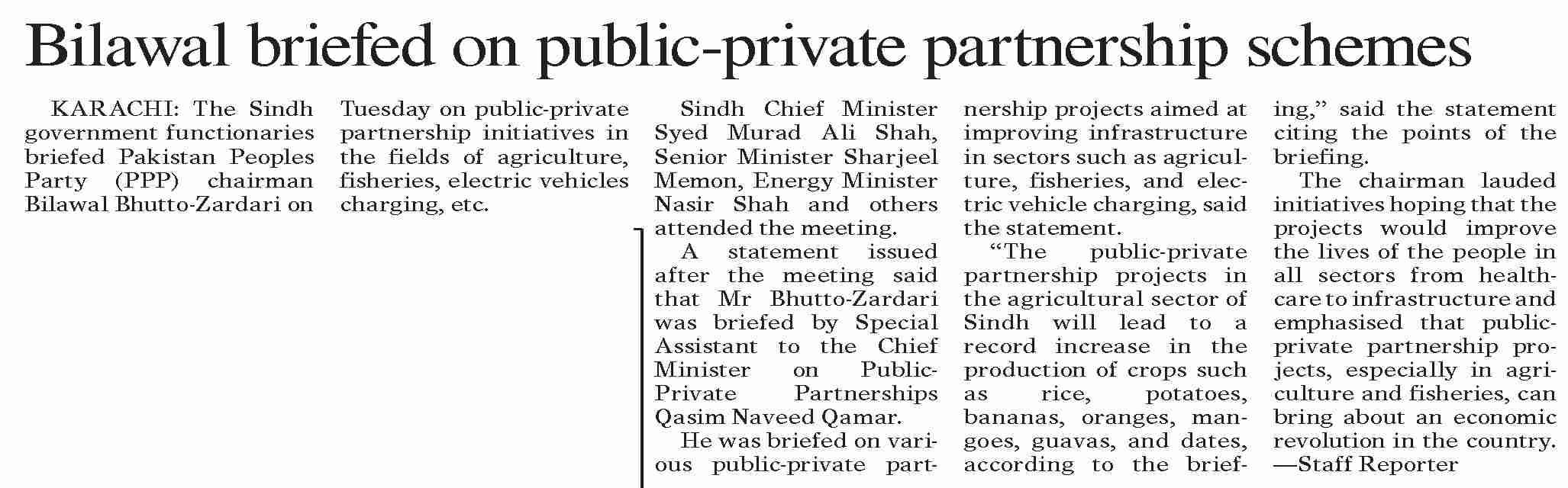 Dawn-ePaper | Jan 15, 2025 | Bilawal briefed on public-private partnership schemes