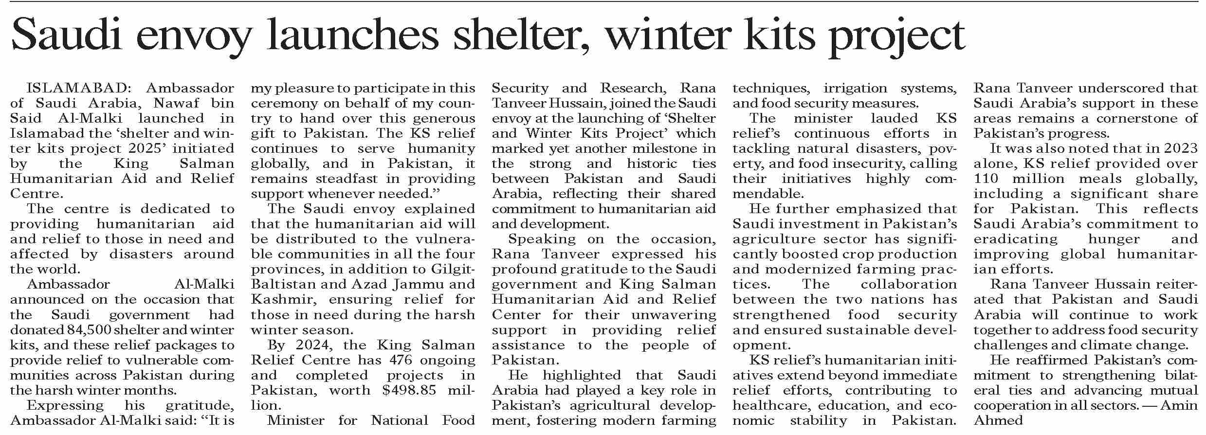 Dawn-ePaper | Jan 31, 2025 | Saudi envoy launches shelter, winter kits project
