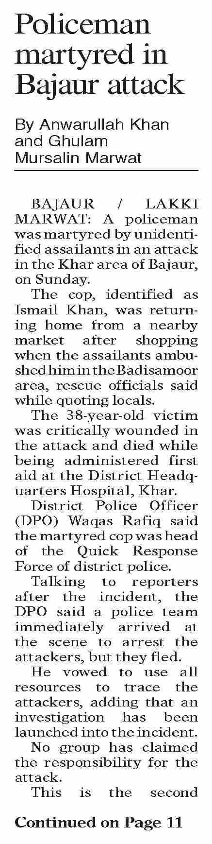 Dawn-ePaper | Mar 03, 2025 | Policeman martyred in Bajaur attack