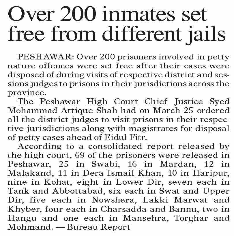 Dawn-ePaper | Mar 29, 2025 | Over 200 inmates set free from different jails